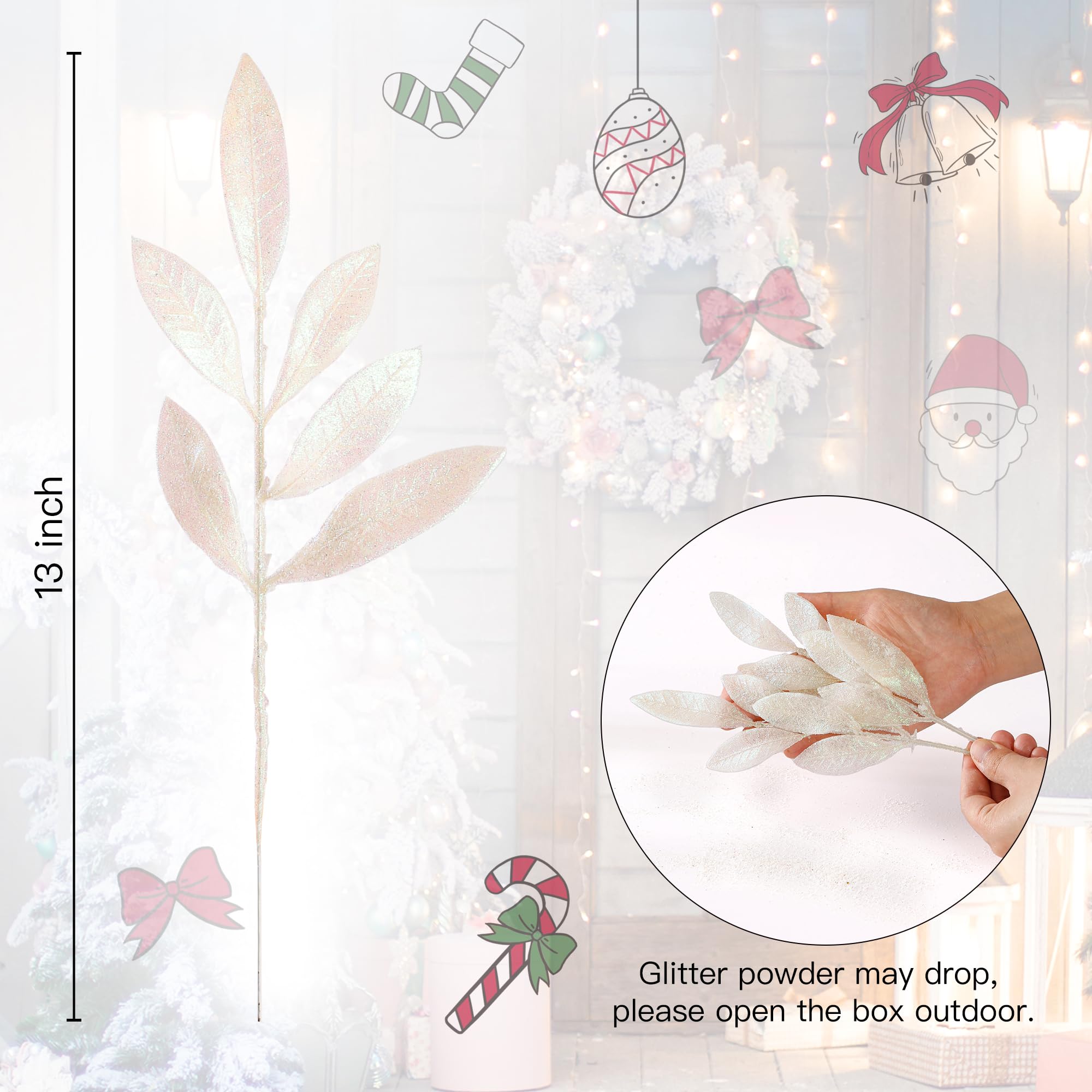 Sggvecsy 40 Pieces Artificial Glitter Leaf White Glittered Spray Picks 13’’ Fake Floral Leaf Branches Xmas Decoration for Christmas Tree DIY Wreath Crafts Gift Home Garden Decoration(White,40 Pieces)