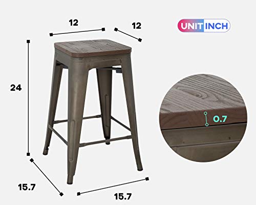 FDW 24 Inches Metal Bar Stools Set of 4 Counter Height Wood Seat Barstool Patio Stool Stackable Backless Stool Indoor Outdoor Metal Kitchen Stools Bar Chairs (Bronze)