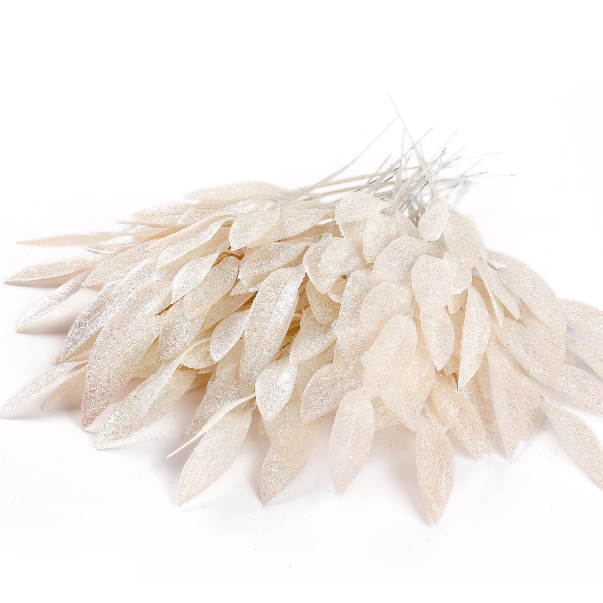 Sggvecsy 40 Pieces Artificial Glitter Leaf White Glittered Spray Picks 13’’ Fake Floral Leaf Branches Xmas Decoration for Christmas Tree DIY Wreath Crafts Gift Home Garden Decoration(White,40 Pieces)