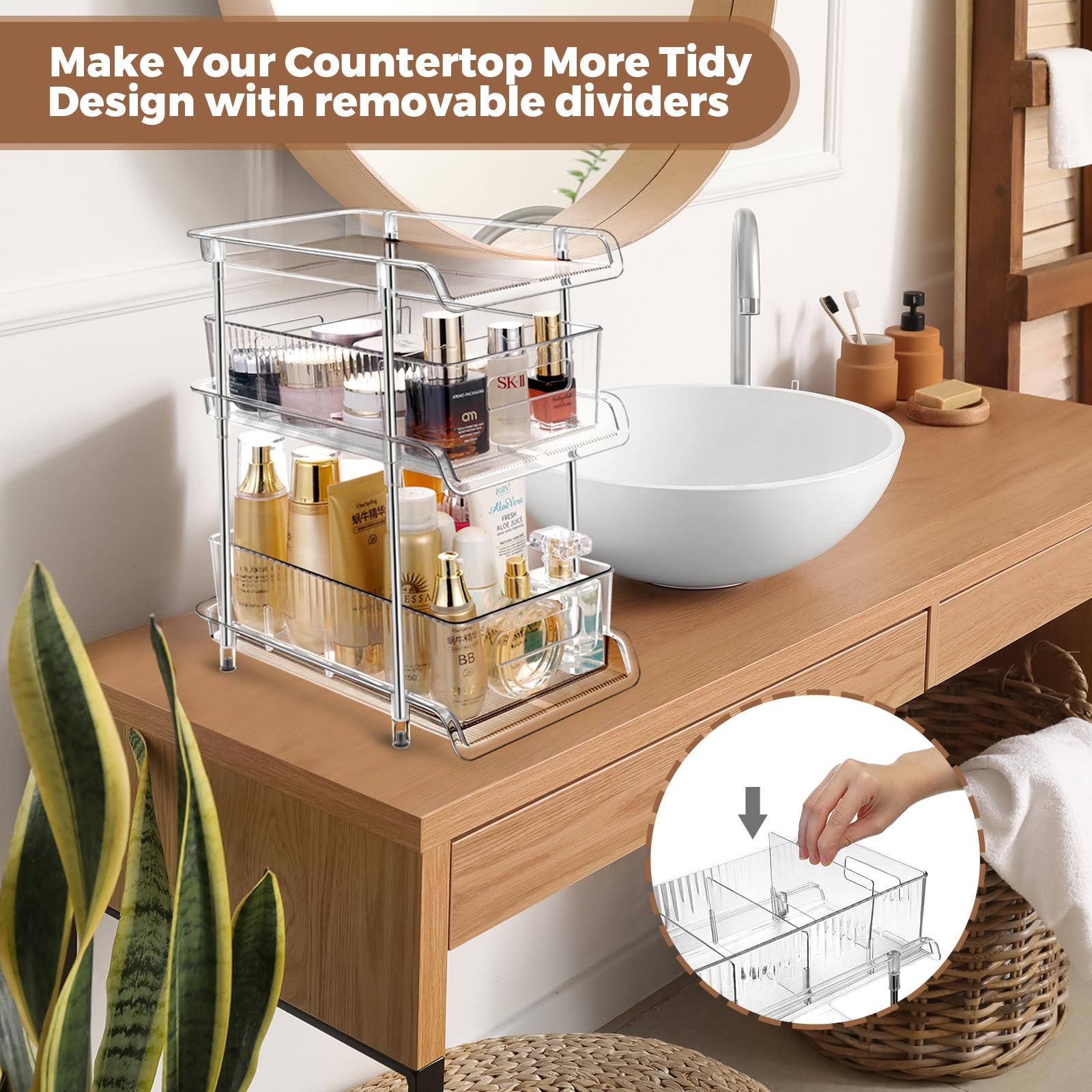 XINYA BAO 3 Tier Clear Bathroom Organizer | Multi-Purpose Pull-Out Pantry Storage | Under Sink Closet Organizers | Vanity Skincare Cosmetic Medicine Bins
