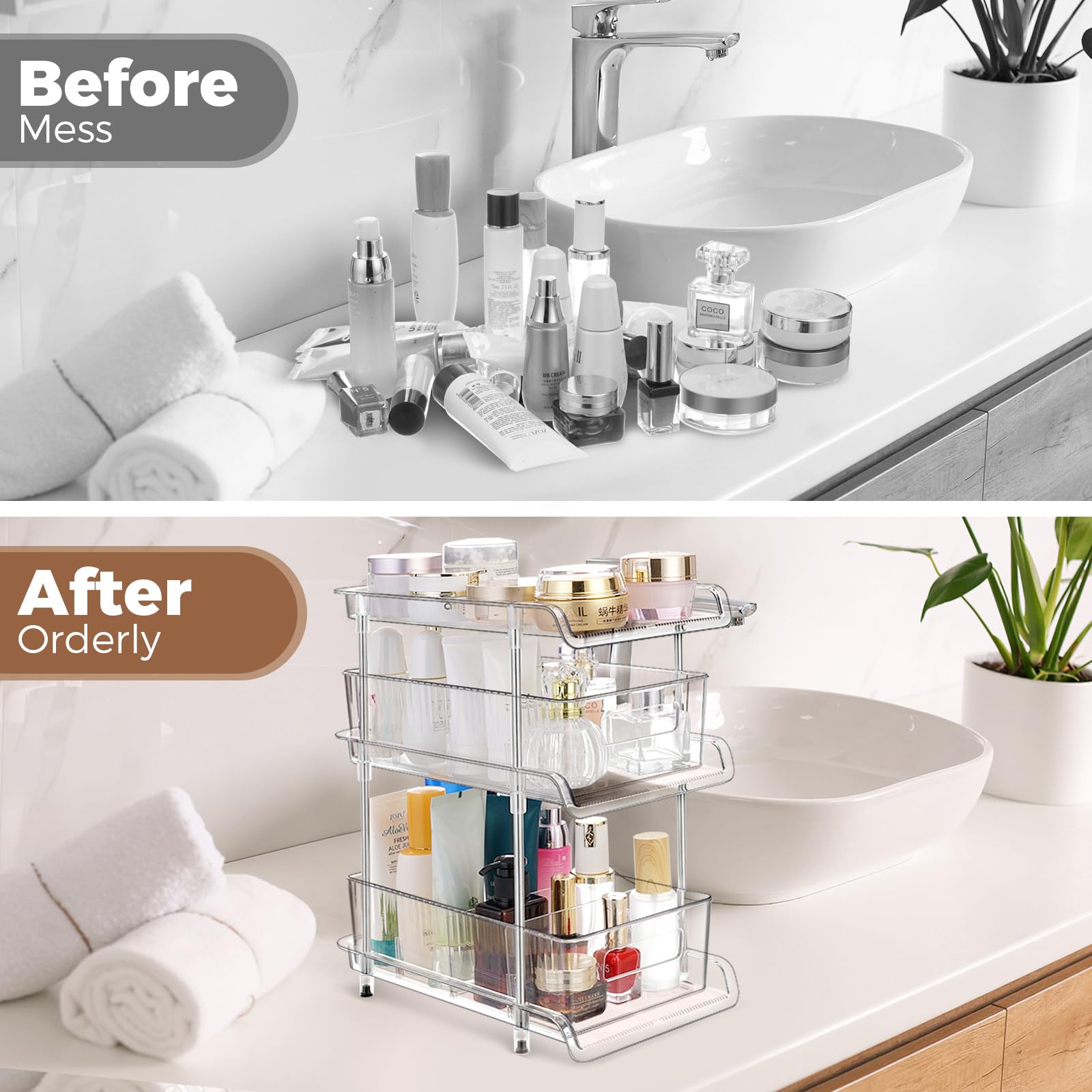 XINYA BAO 3 Tier Clear Bathroom Organizer | Multi-Purpose Pull-Out Pantry Storage | Under Sink Closet Organizers | Vanity Skincare Cosmetic Medicine Bins