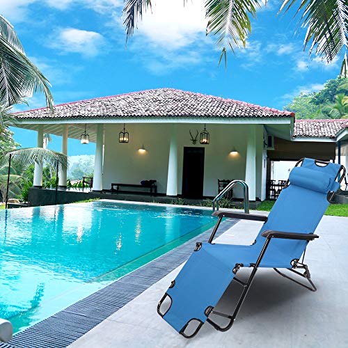 RHC-202 Portable Dual Purposes Extendable Folding Reclining Chair with Pillow, Zero Gravity Recliner Lawn Patio Outdoor Porch Beach Backyard Anti Gravity Chair Folding Reclining amping Chair Blue