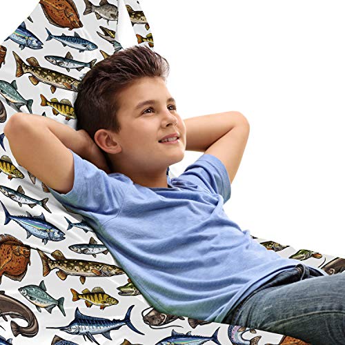 Lunarable Fish Theme Lounger Chair Bag, Marlin Scad Horse Mackerel Scomber Anchovy Tuna Sardine Salmon on Plain Back, High Capacity Storage with Handle Container, Lounger Size, Multicolor