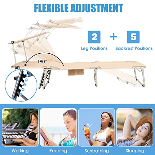 GYMAX Tanning Chair, Beach Lounge Chair with Canopy Sunshade, Carry Handle & Pocket, 5 Level Adjustable Layout Chaise Lounge for Outside, Folding Sunbath Chair for Outdoor, Patio, Poolside (1, Sand)
