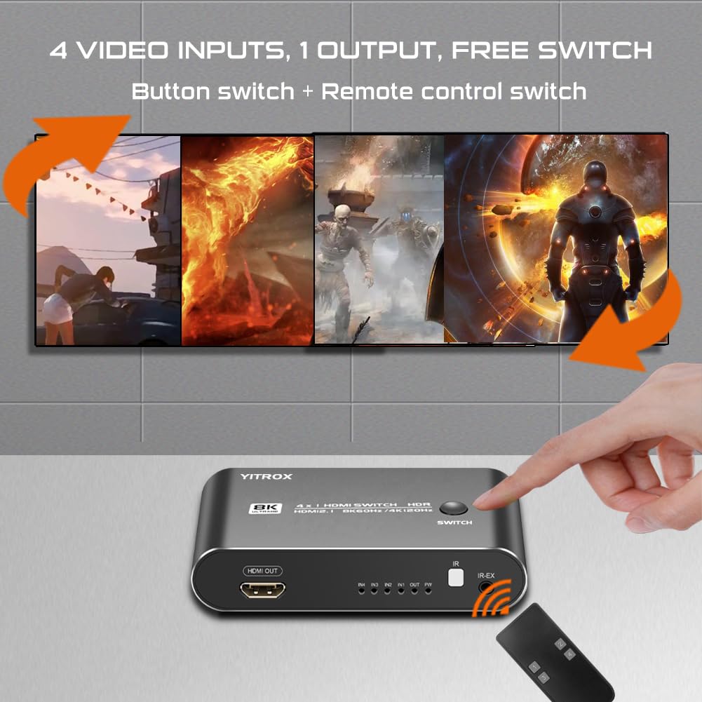 HDMI Switch 4 in 1 Out 4K 120Hz, 4K 144Hz, 8K 60Hz, HDMI 2.1 Switcher Compatible with PS4/5, Xbox, Fire Stick, Apple TV, Roku, HD TV, Aluminum Shell