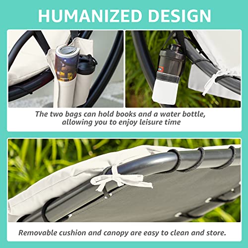 Fundouns Outdoor Hanging Lounge Chair with Stand, Patio Curved Steel Chaise Swing with Removable Olefin Canopy and Cushion,Off-White