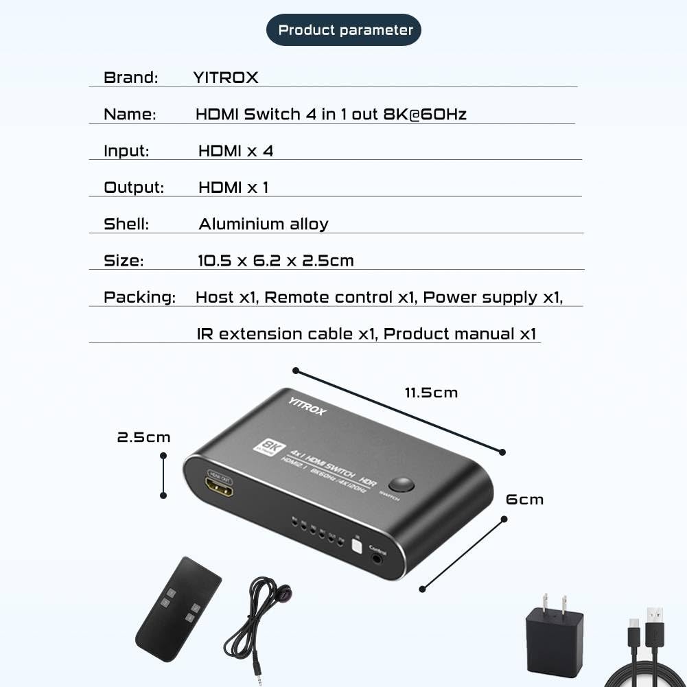 HDMI Switch 4 in 1 Out 4K 120Hz, 4K 144Hz, 8K 60Hz, HDMI 2.1 Switcher Compatible with PS4/5, Xbox, Fire Stick, Apple TV, Roku, HD TV, Aluminum Shell
