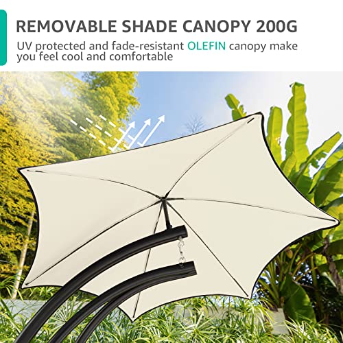 Fundouns Outdoor Hanging Lounge Chair with Stand, Patio Curved Steel Chaise Swing with Removable Olefin Canopy and Cushion,Off-White