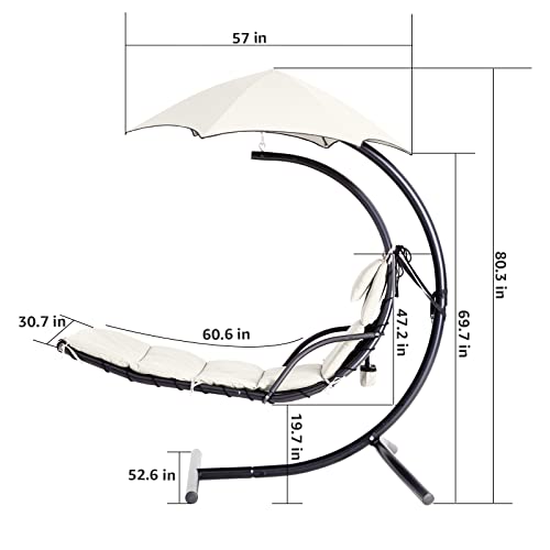 Fundouns Outdoor Hanging Lounge Chair with Stand, Patio Curved Steel Chaise Swing with Removable Olefin Canopy and Cushion,Off-White