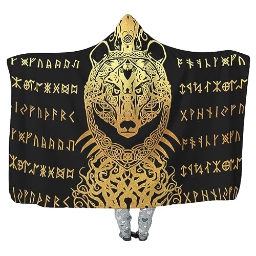 Medieval 3D Printing Hooded Blanket Warm Viking Bear Tree Of Life Bear Claw Unisex Winter Wearable Hooded Blanket Double Thick Plush Wool Blanket Cape (Color : A, Size : 80x60in/150x200cm)