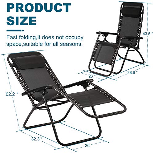 HCY Zero Gravity Chairs Outdoor Adjustable Recliner Chair Folding Lounge Patio Chairs Heavy Duty Zero Gravity Chair with Pillows Set of 2 for Beach, Yard, Lawn, Camp(Black)