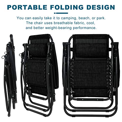 HCY Zero Gravity Chairs Outdoor Adjustable Recliner Chair Folding Lounge Patio Chairs Heavy Duty Zero Gravity Chair with Pillows Set of 2 for Beach, Yard, Lawn, Camp(Black)