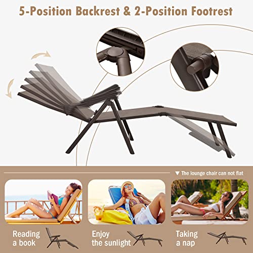Tangkula Outdoor Chaise Lounge, Folding Recliner Lounge Chair with 5-Position Adjustable Backrest & 2-Position Footrest, No Assembly Required, Suitable for Patio Poolside Beach Yard (1, Brown)
