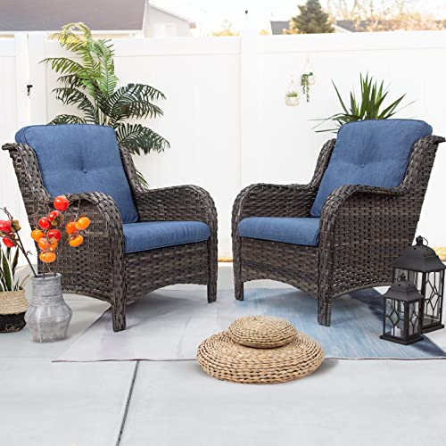 MeetLeisure Outdoor Wicker Chair Rattan Patio Dining Chairs Set of 2 PE Wicker Patio Chairs with 4inch Seat Cushions Outdoor Patio Seating Chair for Garden, Backyard Swimming Pool, Balcony, Blue