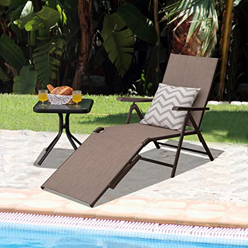 Tangkula Outdoor Chaise Lounge, Folding Recliner Lounge Chair with 5-Position Adjustable Backrest & 2-Position Footrest, No Assembly Required, Suitable for Patio Poolside Beach Yard (1, Brown)