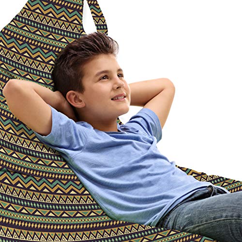 Ambesonne African Lounger Chair Bag, Folkloric Style Geometric Triangles Funky Folk Bohemian Stripes, High Capacity Storage with Handle Container, Lounger Size, Pale Coffee and Jade Green