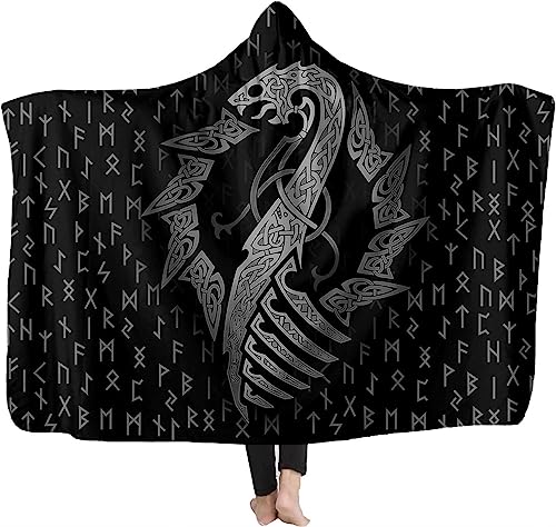 BURNAR Medieval 3D Printing Hooded Blanket Warm Viking Dragon Rune Vegvisir Unisex Winter Wearable Hooded Blanket Double Layer Thick Plush Fleece Blanket Cloak (Color : D, Size : 50x60in/130x150cm)