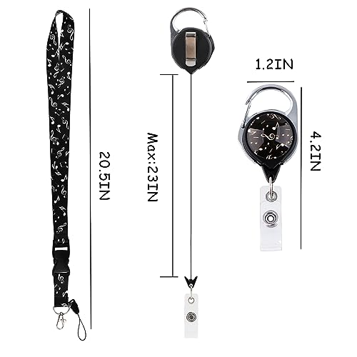 JUDODUCK Black Music Note ID Lanyard with Retractable Badge Holder Clip Detachable Key Card Holder Teacher Lanyard for ID Badges Art School Student Gifts