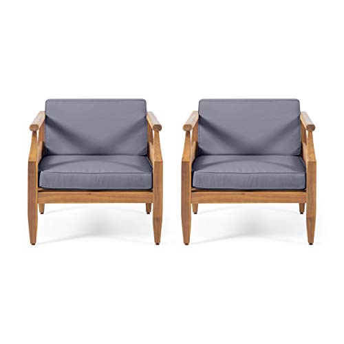 Christopher Knight Home Daisy Outdoor Club Chair with Cushion (Set of 2), Teak Finish, Dark Gray
