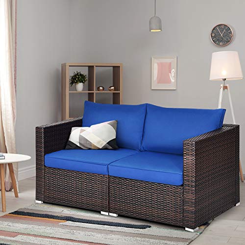 Tangkula Wicker Loveseat 2 Piece, Patio Furniture Couch with Removable Cushions, Rattan Loveseat Sofa for Balcony, Deck, Garden and Poolside