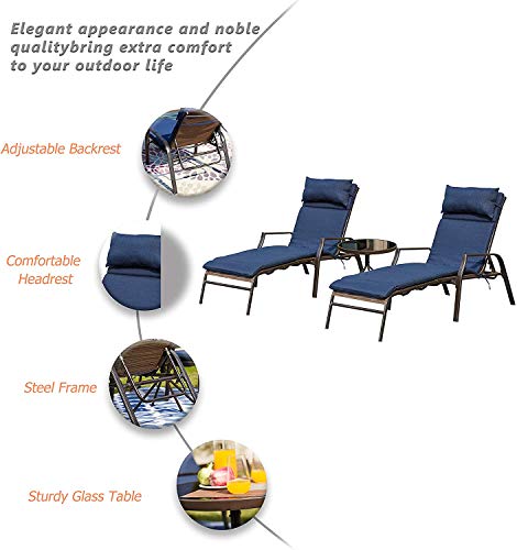 LOKATSE HOME 3 Pieces Outdoor Patio Chaise Lounge Set 2 Adjustable Chairs and 1 Bistro Table with Removable Cushions, Dark Blue