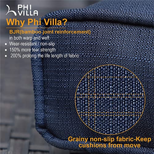 PHI VILLA 77" Wide Outdoor Rattan Sectional Sofa with Cushions - Small Patio Wicker Furniture Set (3 - Person Seating Group, Navy Blue)