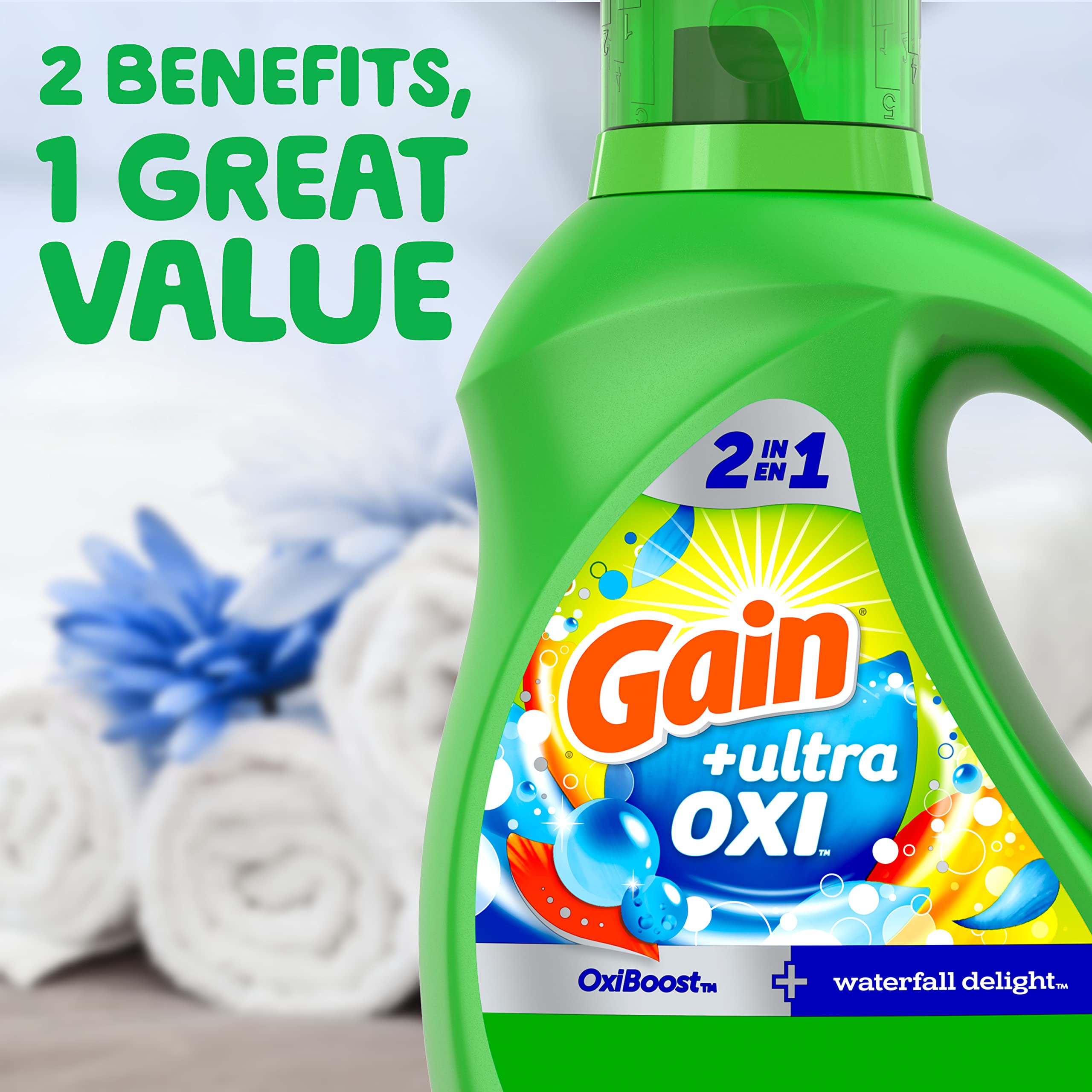 Gain Ultra Oxi Liquid Laundry Detergent, 128 loads, 184 fl oz, Waterfall Delight Scent, 2-in-1, HE Compatible