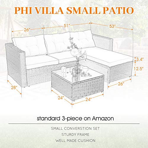 PHI VILLA 77" Wide Outdoor Rattan Sectional Sofa with Cushions - Small Patio Wicker Furniture Set (3 - Person Seating Group, Navy Blue)