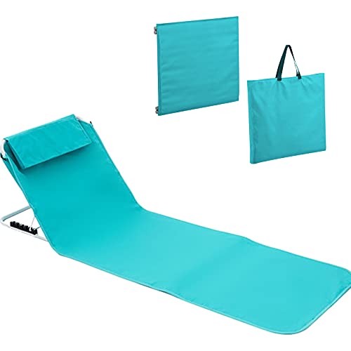 Dheva-C Outdoor Beach Folding Chaise Lounge Chair for Beach, Sunbathing, Patio, Pool, Lawn, Deck, Portable Lightweight Heavy-Duty Adjustable Camping Reclining Chair with Pillow, Blue (Blue) 5560
