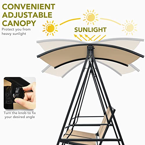 Tangkula 2-Person Patio Swing, Weather Resistant Porch Swing with Adjustable Canopy, Steel Frame, Outdoor Modern Canopy Swing with Handrails, Suitable for Porch Garden Poolside (Coffee)