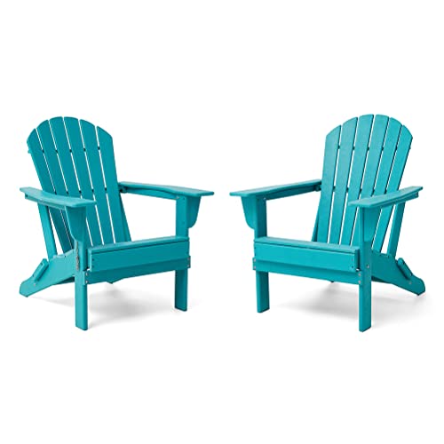 glitzhome Set of 2 Aqua HDPE Folding Adirondack Chairs Outdoor Patio Weather Resistant Adirondack Chairs for Deck Lawn fire Pit