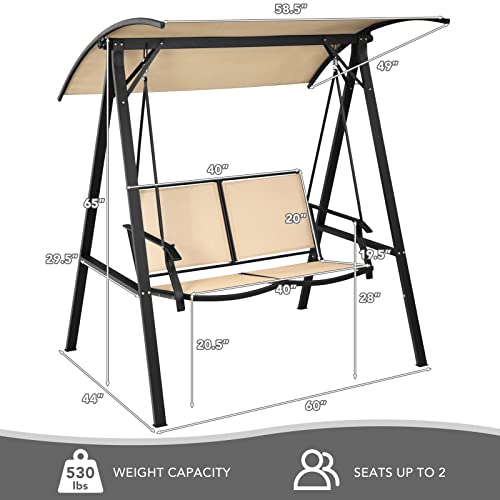 Tangkula 2-Person Patio Swing, Weather Resistant Porch Swing with Adjustable Canopy, Steel Frame, Outdoor Modern Canopy Swing with Handrails, Suitable for Porch Garden Poolside (Coffee)