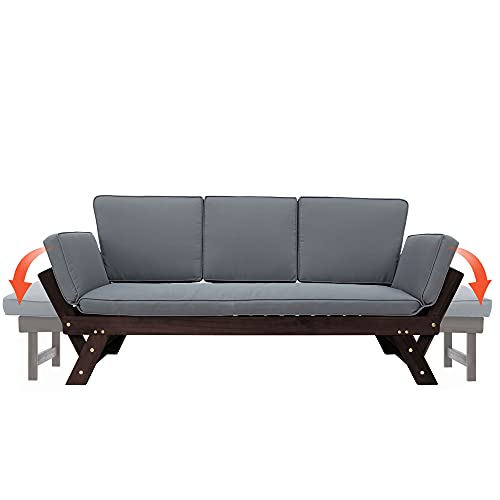 Harper & Bright Designs Adjustable Wooden Daybed Sofa Chaise Lounge, Expandable Patio Sectional Sofa with Gray Cushions for Decks, Poolsides, Balconies