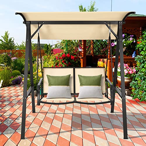 Tangkula 2-Person Patio Swing, Weather Resistant Porch Swing with Adjustable Canopy, Steel Frame, Outdoor Modern Canopy Swing with Handrails, Suitable for Porch Garden Poolside (Coffee)