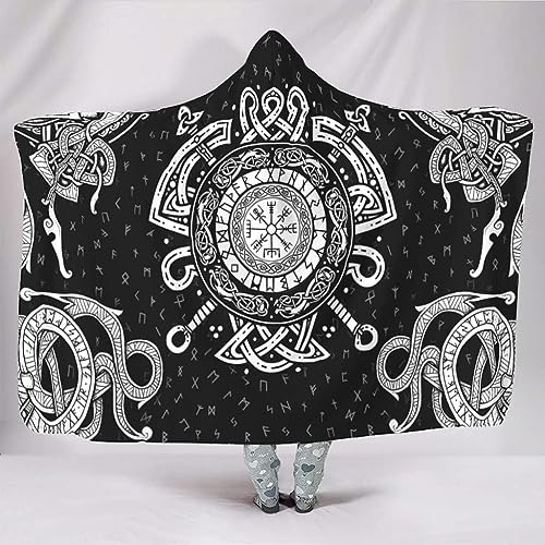 BURNAR Medieval 3D Printing Hooded Blanket Warm Shield Ax Vegvisir Thor's Hammer Unisex Winter Wearable Hooded Blanket Double Thick Plush Wool Blanket Cloak (Color : C, Size : 50x60in/130x150cm)