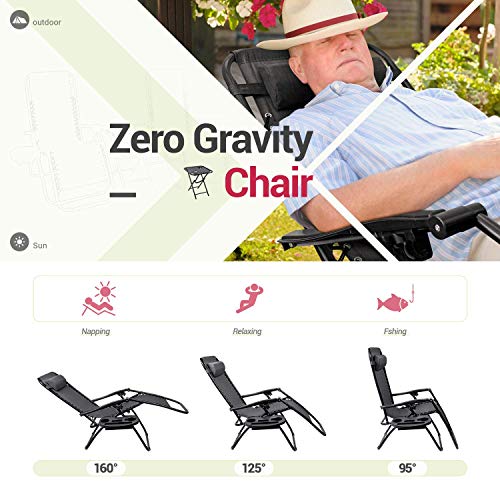 Homall 3 Pcs Zero Gravity Chair Patio Folding Recliner Outdoor Chaise Lounge Chairs Portable Reclining Chair Set with Side Table (Black)
