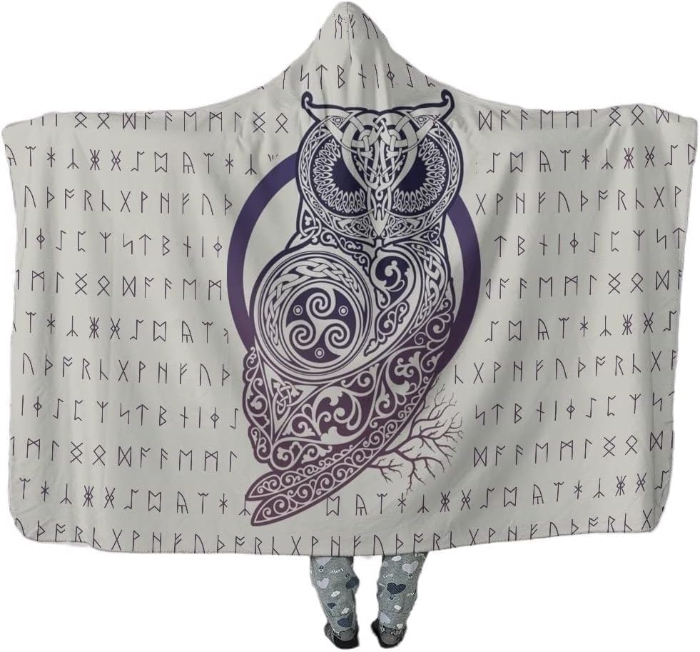 BURNAR Medieval 3D Printing Hooded Blanket Warm Owl Rune Celtic Knot Tree of Life Unisex Winter Wearable Hooded Blanket Double Thick Plush Fleece Blanket Cape (Color : A, Size : 50x60in/130x150cm)