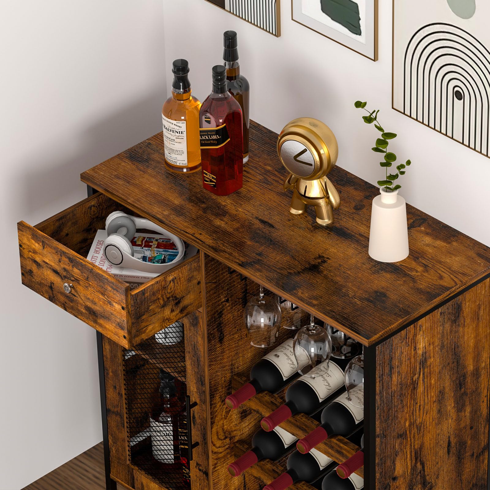 3-Tier Wine Bar Cabinet with Detachable Wine Rack and Drawer, Industrial Sideboard and Buffet Cabinet with Glass Holder, Coffee Bar Cabinet with mesh Door for Home & Kitchen, Rustic Brown
