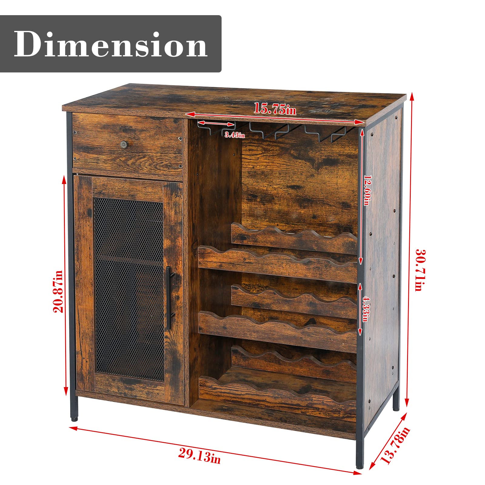 3-Tier Wine Bar Cabinet with Detachable Wine Rack and Drawer, Industrial Sideboard and Buffet Cabinet with Glass Holder, Coffee Bar Cabinet with mesh Door for Home & Kitchen, Rustic Brown