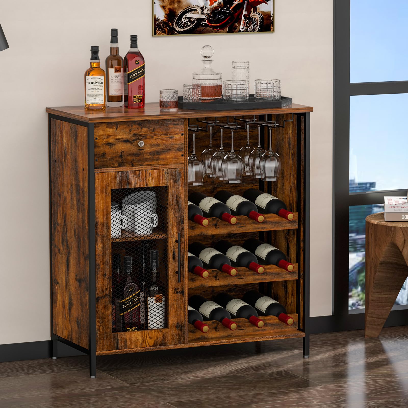 3-Tier Wine Bar Cabinet with Detachable Wine Rack and Drawer, Industrial Sideboard and Buffet Cabinet with Glass Holder, Coffee Bar Cabinet with mesh Door for Home & Kitchen, Rustic Brown