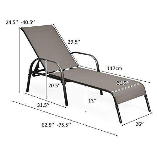 Tangkula Patio Chaise Lounge, Recliner Outdoor Lounger Chair w/Adjustable Backrest, Reclining Chair w/Heavy Duty Steel Frame, Suitable for Beach, Yard, Balcony, Poolside (2, Brown)