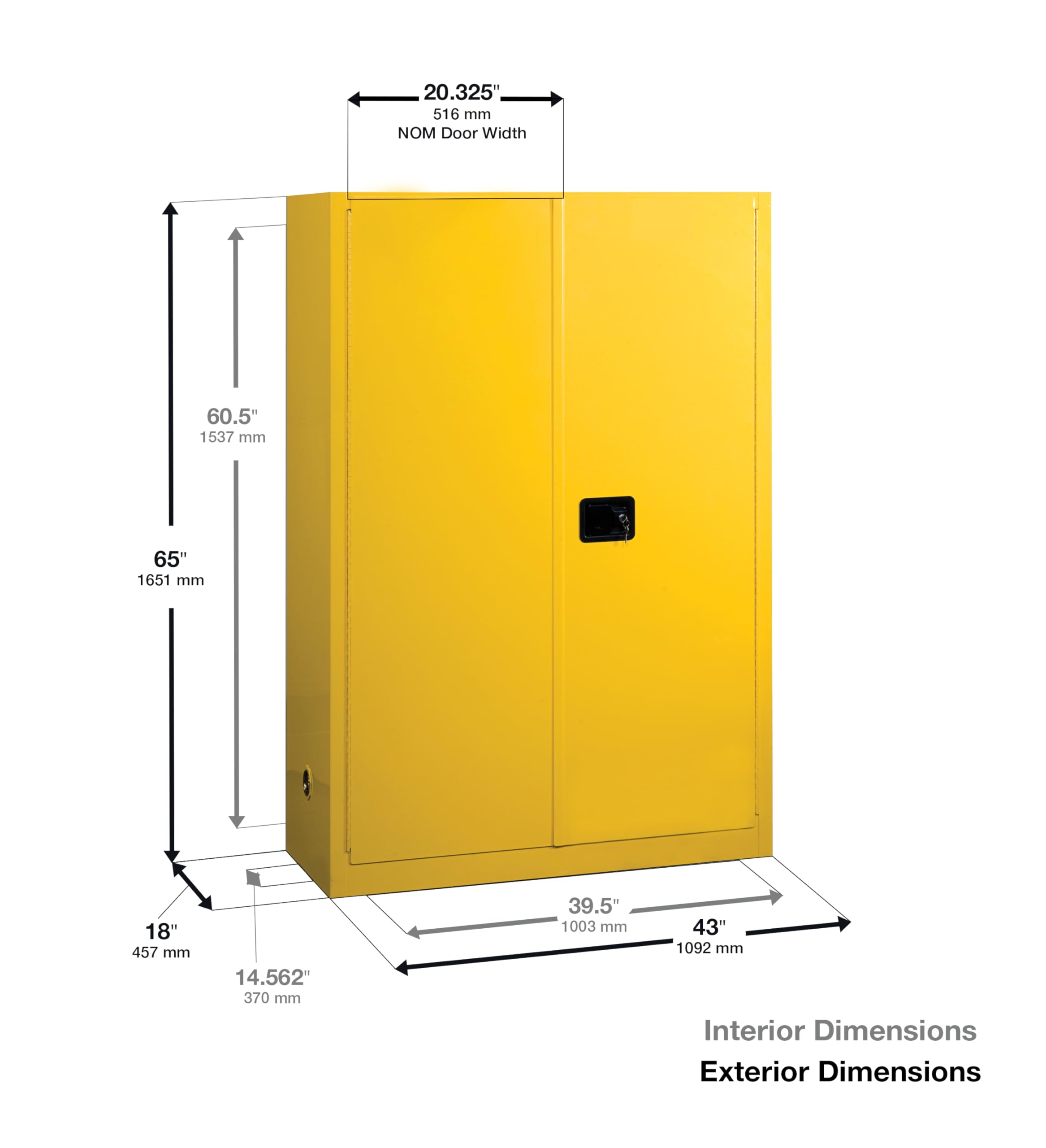 JUSTRITE 894500 Sure-Grip EX Standard Safety Cabinet, 43w x 18d x 65h, Yellow