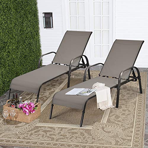 Tangkula Patio Chaise Lounge, Recliner Outdoor Lounger Chair w/Adjustable Backrest, Reclining Chair w/Heavy Duty Steel Frame, Suitable for Beach, Yard, Balcony, Poolside (2, Brown)