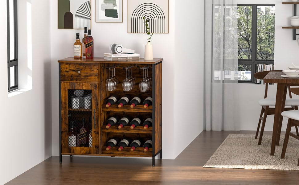 3-Tier Wine Bar Cabinet with Detachable Wine Rack and Drawer, Industrial Sideboard and Buffet Cabinet with Glass Holder, Coffee Bar Cabinet with mesh Door for Home & Kitchen, Rustic Brown