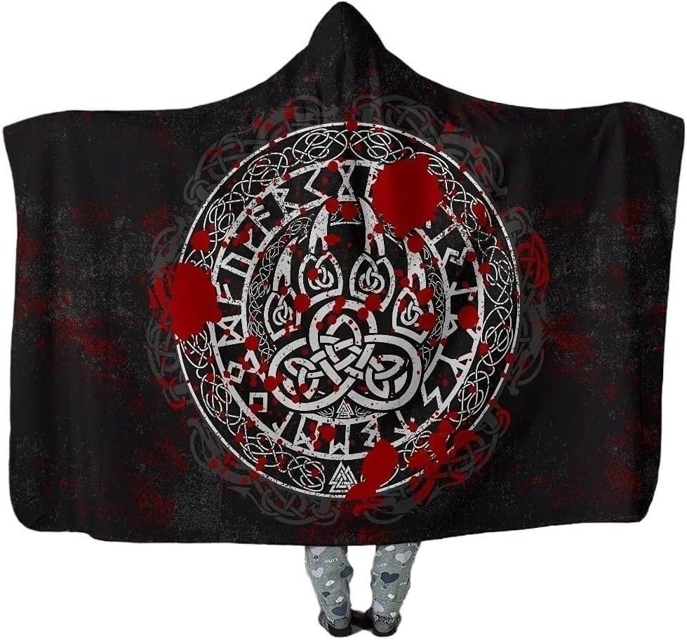 BURNAR Medieval 3D Printing Hooded Blanket Warm Bear Claw Vegvisir Rune Unisex Winter Wearable Hooded Blanket Double Layer Thick Plush Wool Blanket Cloak (Color : Blanket, Size : 80x60in/150x200cm)