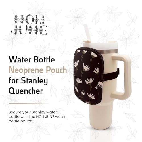 NOLI JUNE - Black Floral Neoprene Pouch for Stanley Quencher 18oz to 40oz - Adjustable Strap, Zipper Closure, Unisex Travel Accessory - Water Bottle Tumbler Carrier