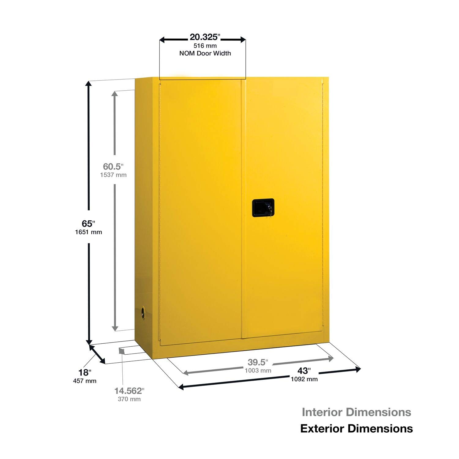JUSTRITE 894500 Sure-Grip EX Standard Safety Cabinet, 43w x 18d x 65h, Yellow