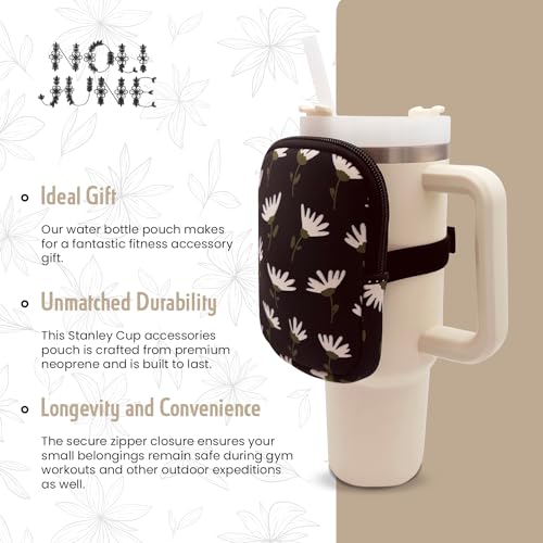 NOLI JUNE - Black Floral Neoprene Pouch for Stanley Quencher 18oz to 40oz - Adjustable Strap, Zipper Closure, Unisex Travel Accessory - Water Bottle Tumbler Carrier