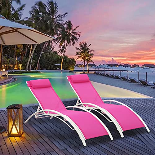 HYD-Parts 2-Pack Outdoor Chaise Lounge Chair with Headrest, Patio Lawn Chairs All Weather Lounger Set Five Levels Adjustable (Pink)