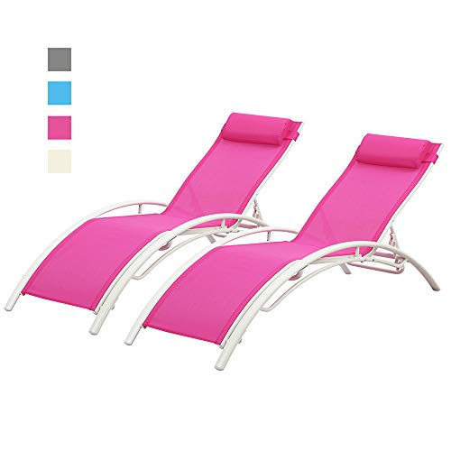 HYD-Parts 2-Pack Outdoor Chaise Lounge Chair with Headrest, Patio Lawn Chairs All Weather Lounger Set Five Levels Adjustable (Pink)